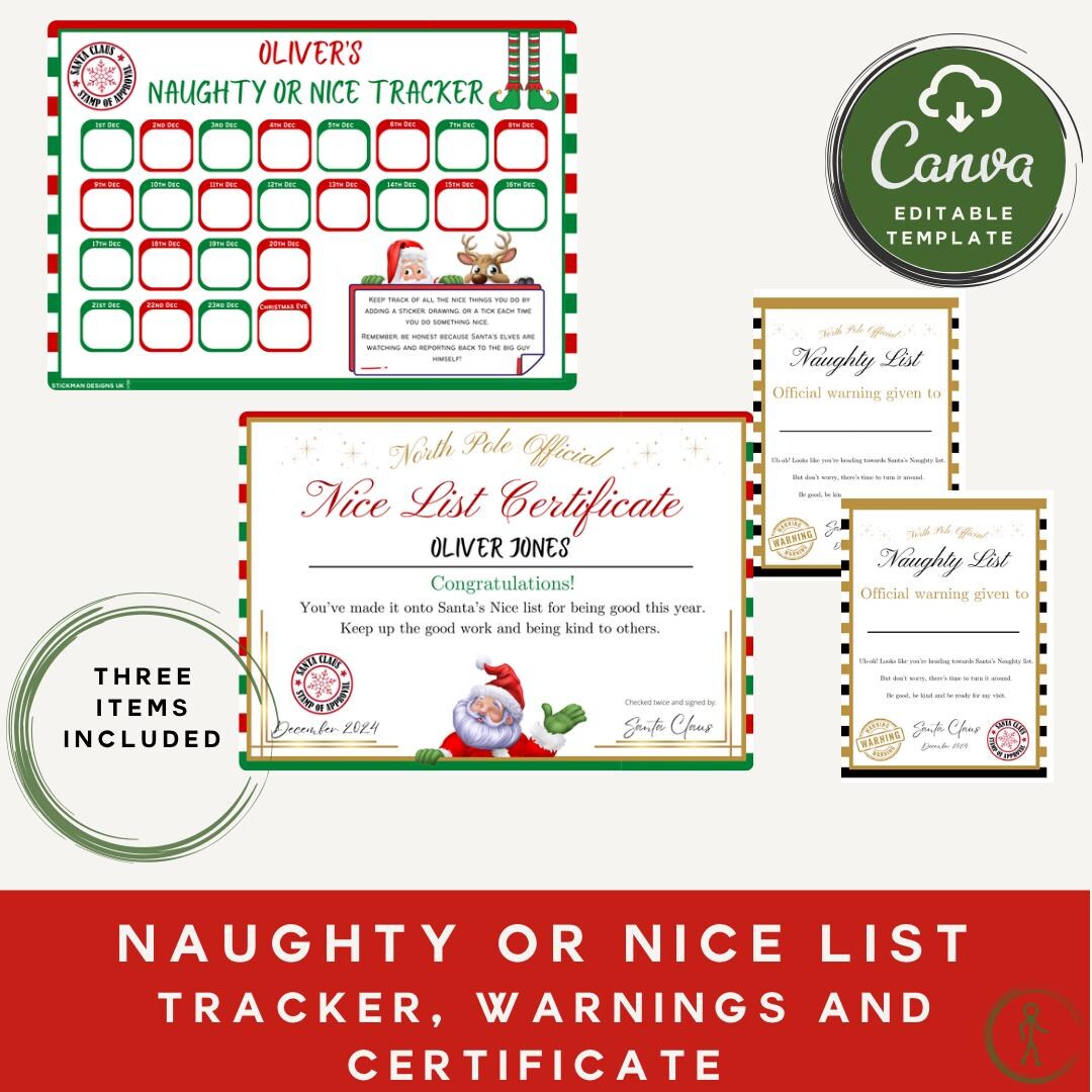 Editable Santas Nice List Certificate With Naughty or Nice List Tracker ...