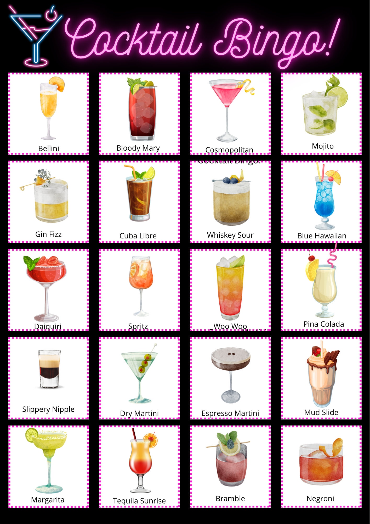 Cocktail Bingo | Cocktail Themed Game | Girls Night in | Retro Bingo ...