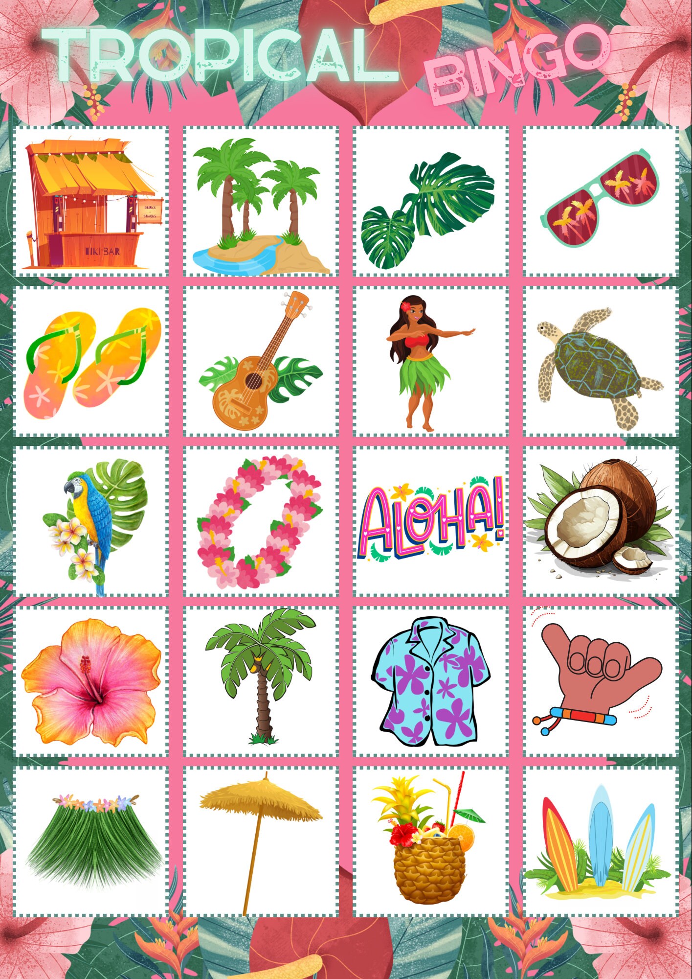 Tropical Bingo | Aloha Bingo | Beach Bingo | Paradise Bingo | Exotic ...