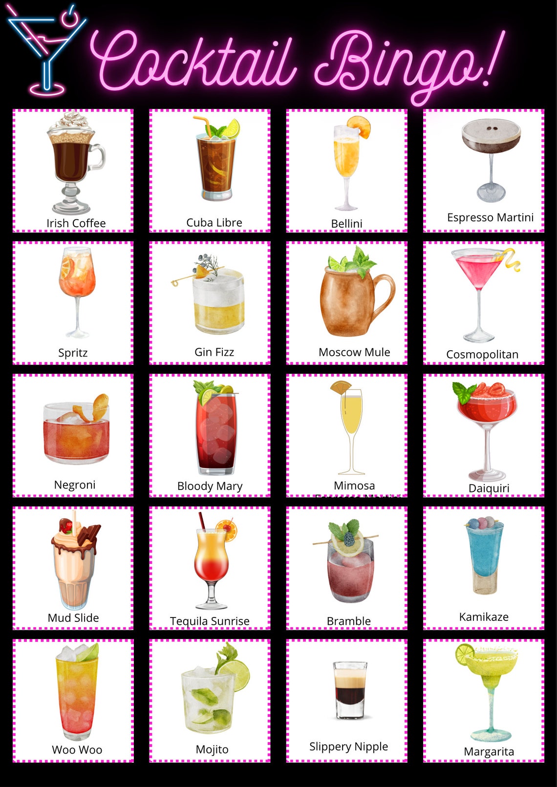 Cocktail Bingo | Cocktail Themed Game | Girls Night in | Retro Bingo ...