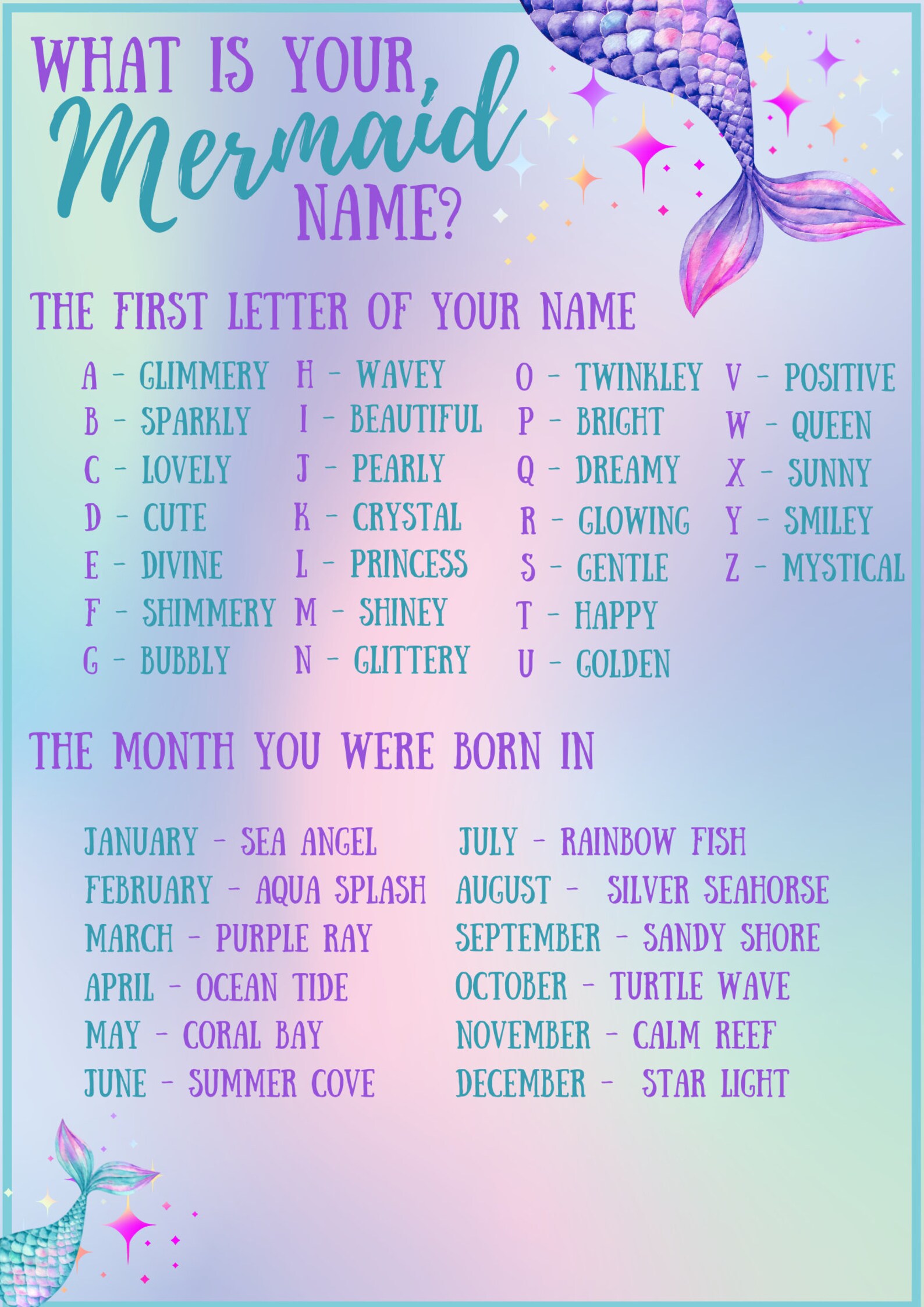 Mermaid Whats Your Name Party Game Mermaid Party Mermaid Quiz Children ...