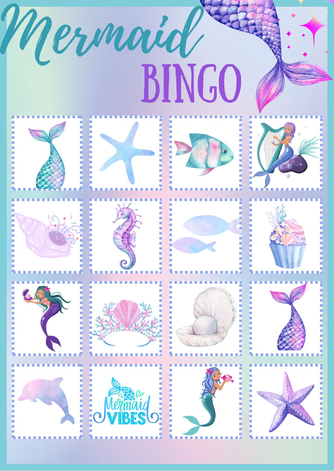 Mermaid - Bingo | Party Game | Girls Birthday | Mermaid Themed Party ...