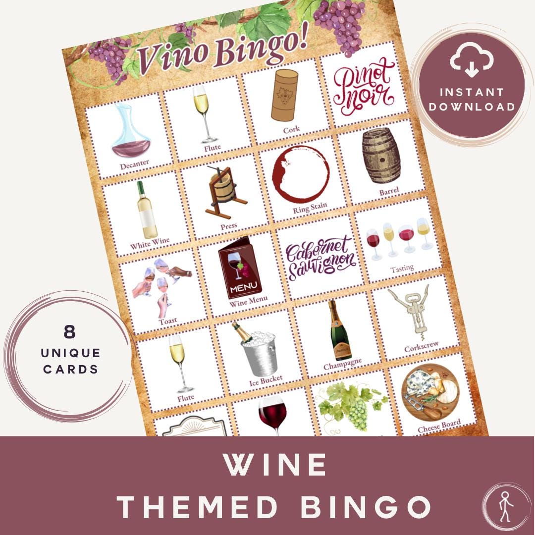 Wine Themed Bingo Food & Drink Bingo Wine Evening Game Wine Based Game ...