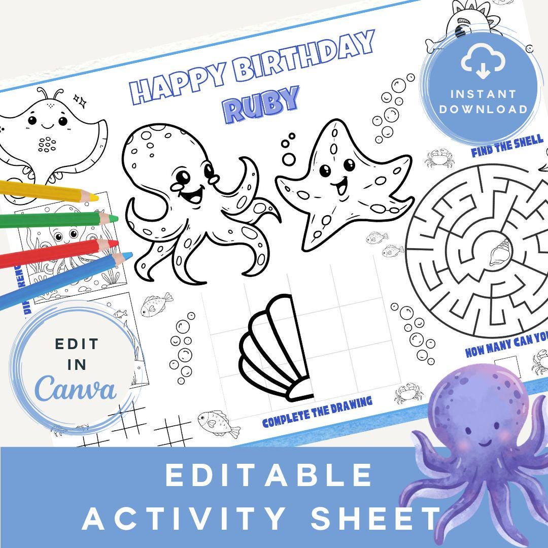 Under the Sea Birthday Placemat | Printable Coloring Activity (canva ...