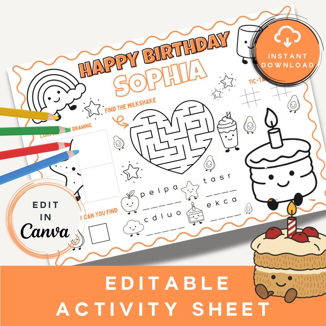 Personalized Kids Placemat: Jelly Cat Birthday Party Activity (instant ...