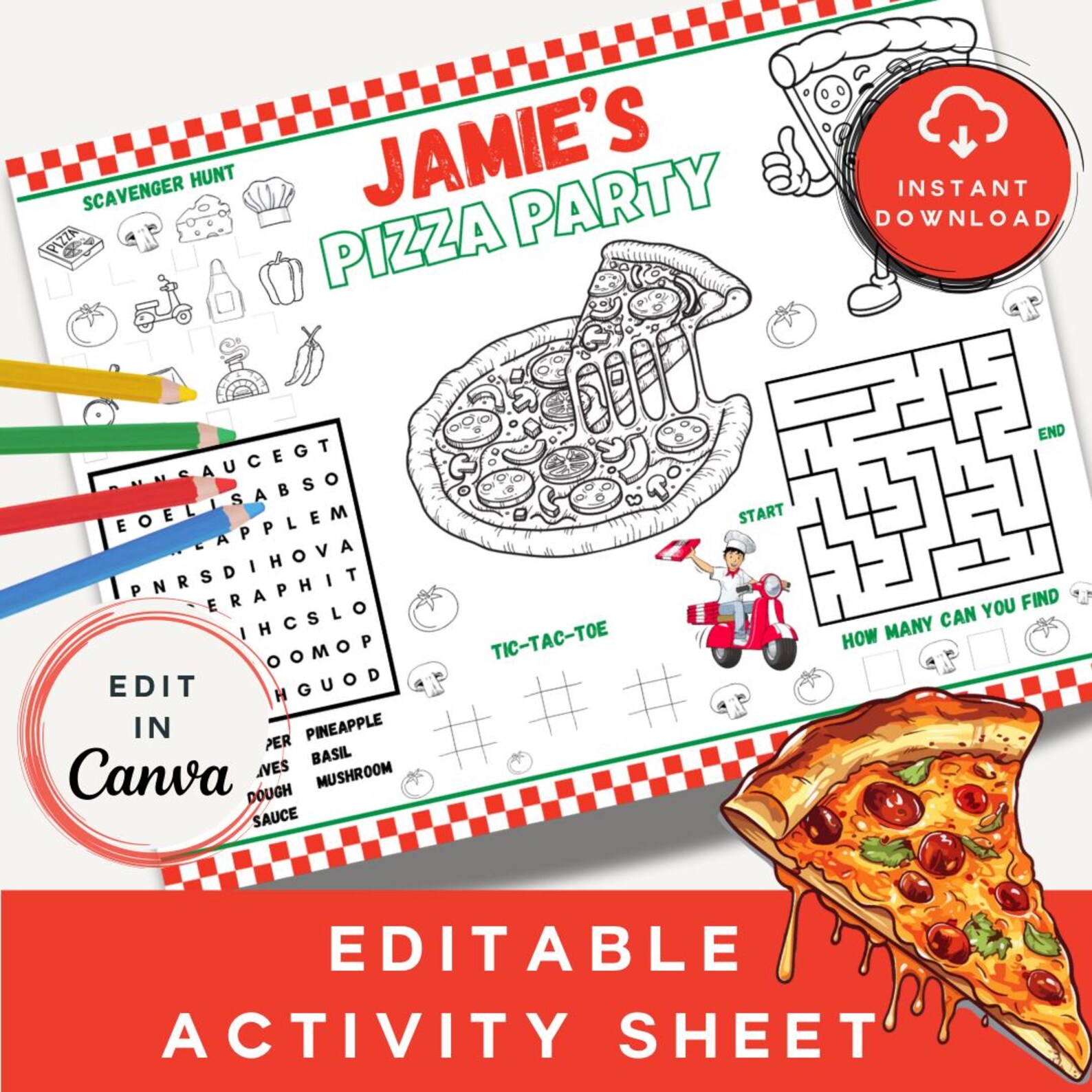 Personalized Pizza Party Placemat: Custom Coloring Page (digital ...