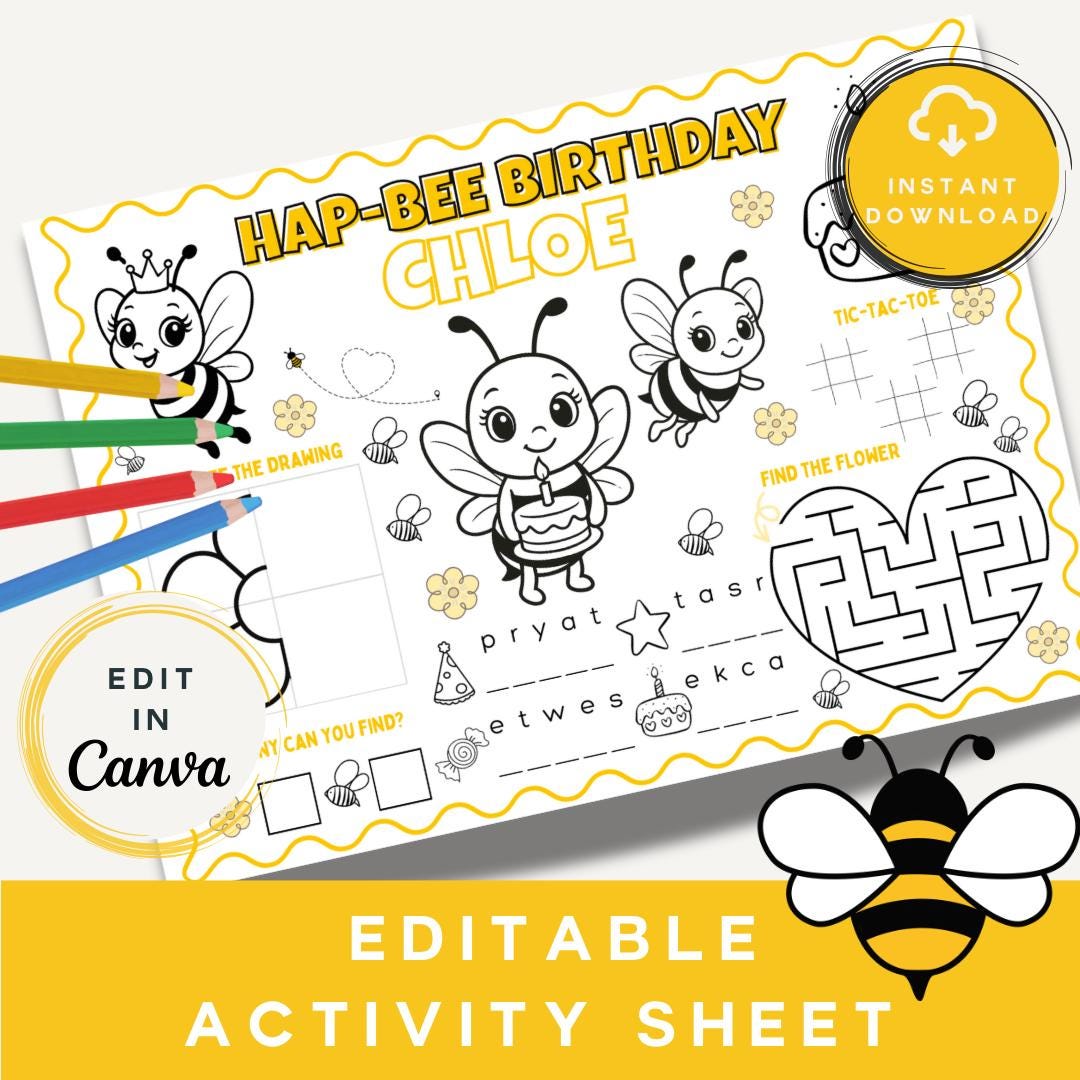 Editable Bumble Bee Birthday Placemat | Personalised Kids Party ...