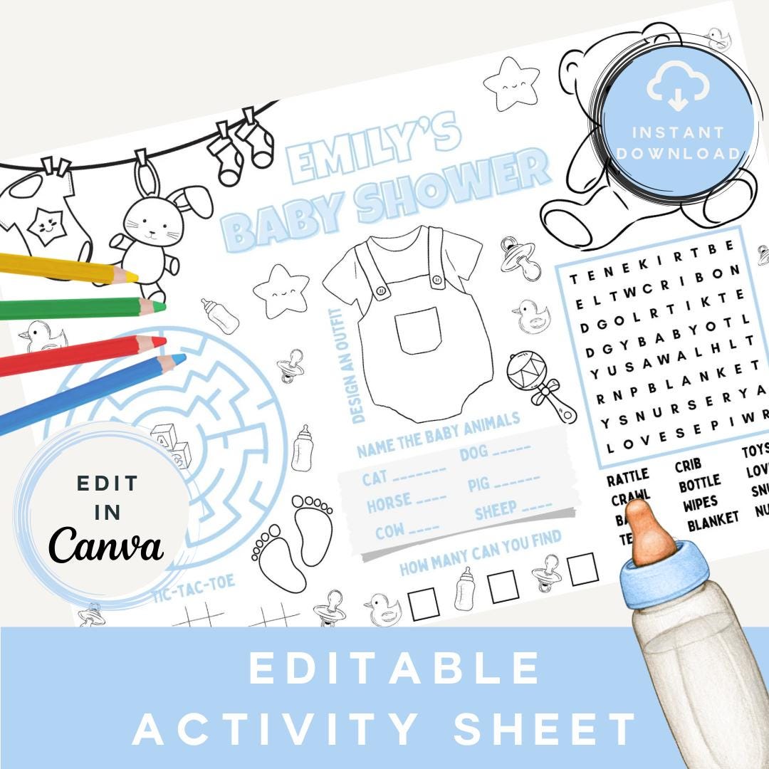 Blue Baby Shower Kids Activity Sheet | Blue Shower Pink Placemat | It's ...