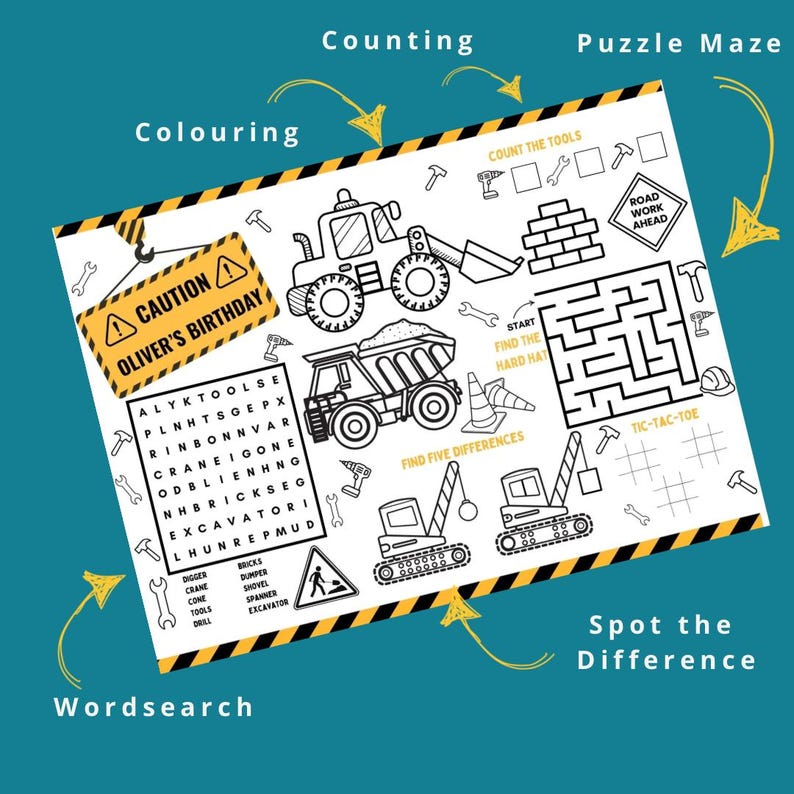 Editable Construction Birthday Colouring Placemat Editable | Kids Party ...