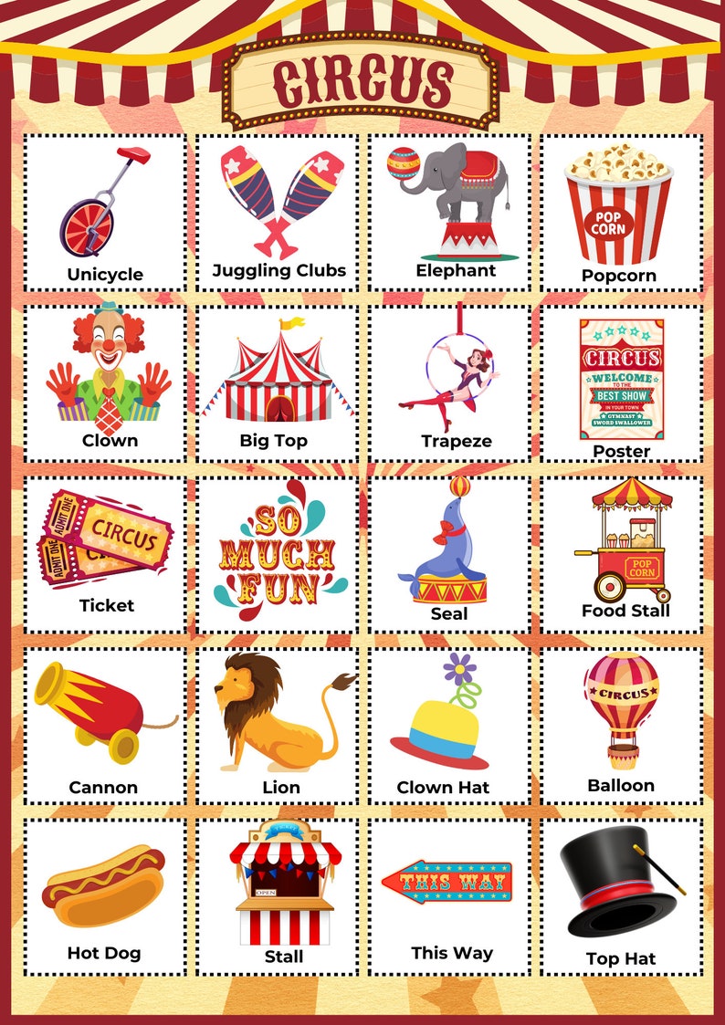 Circus Bingo | Themed Bingo | Family Game | Classroom Activity | Kids ...