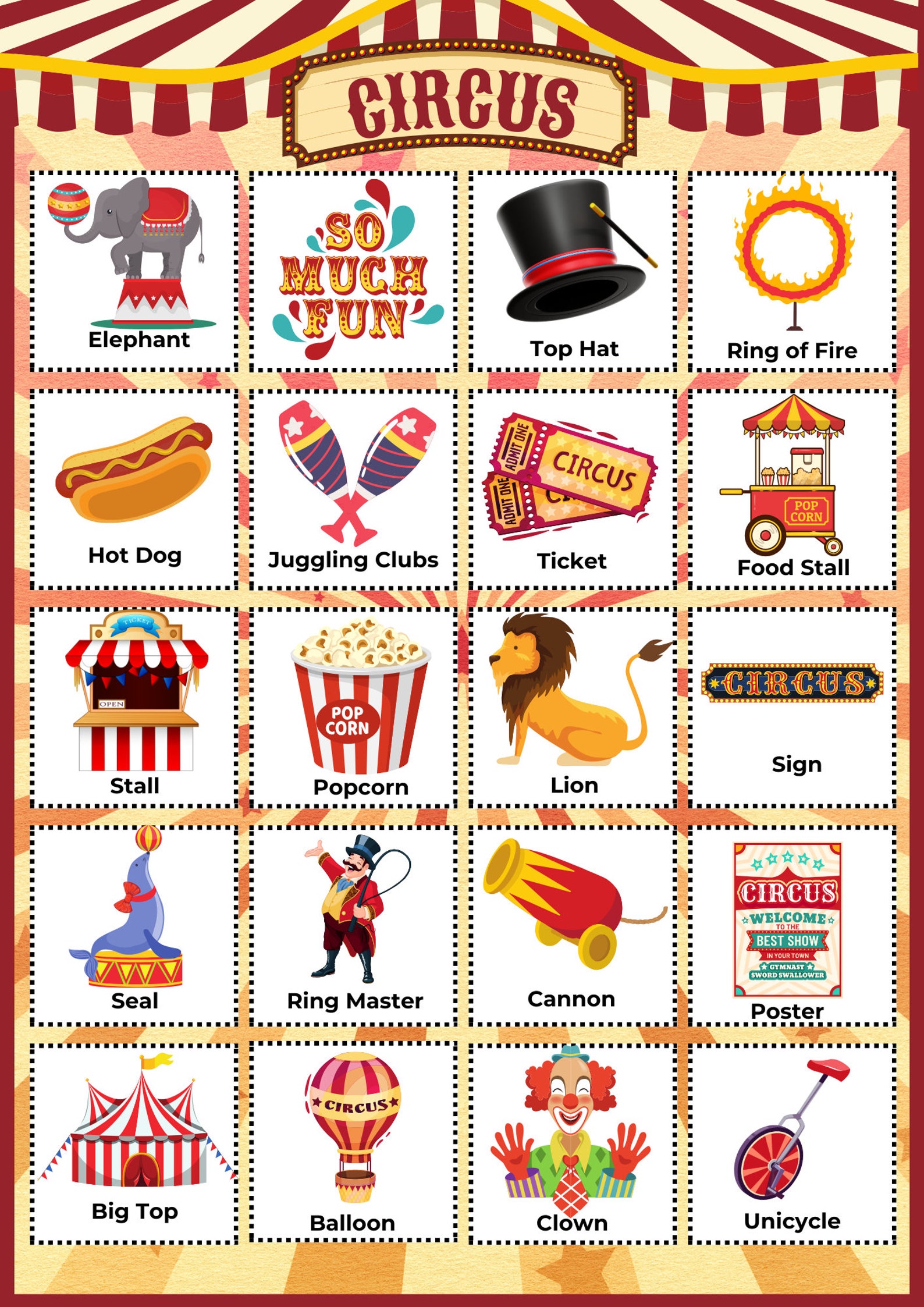 Circus Bingo Themed Bingo Family Game Classroom Activity Kids Bingo Fun ...