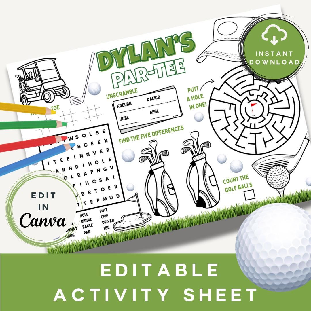 Personalized Golf Placemat: Kids Name Activity Sheet (instant Download ...