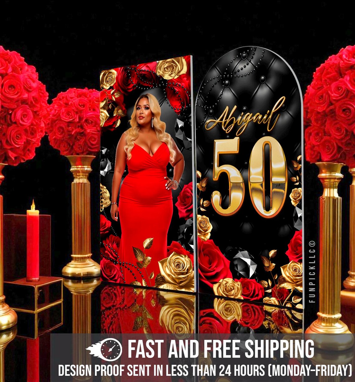 Red Roses Decal: Gold Arch Panel Sticker for Birthday Standee - ROS10 ...