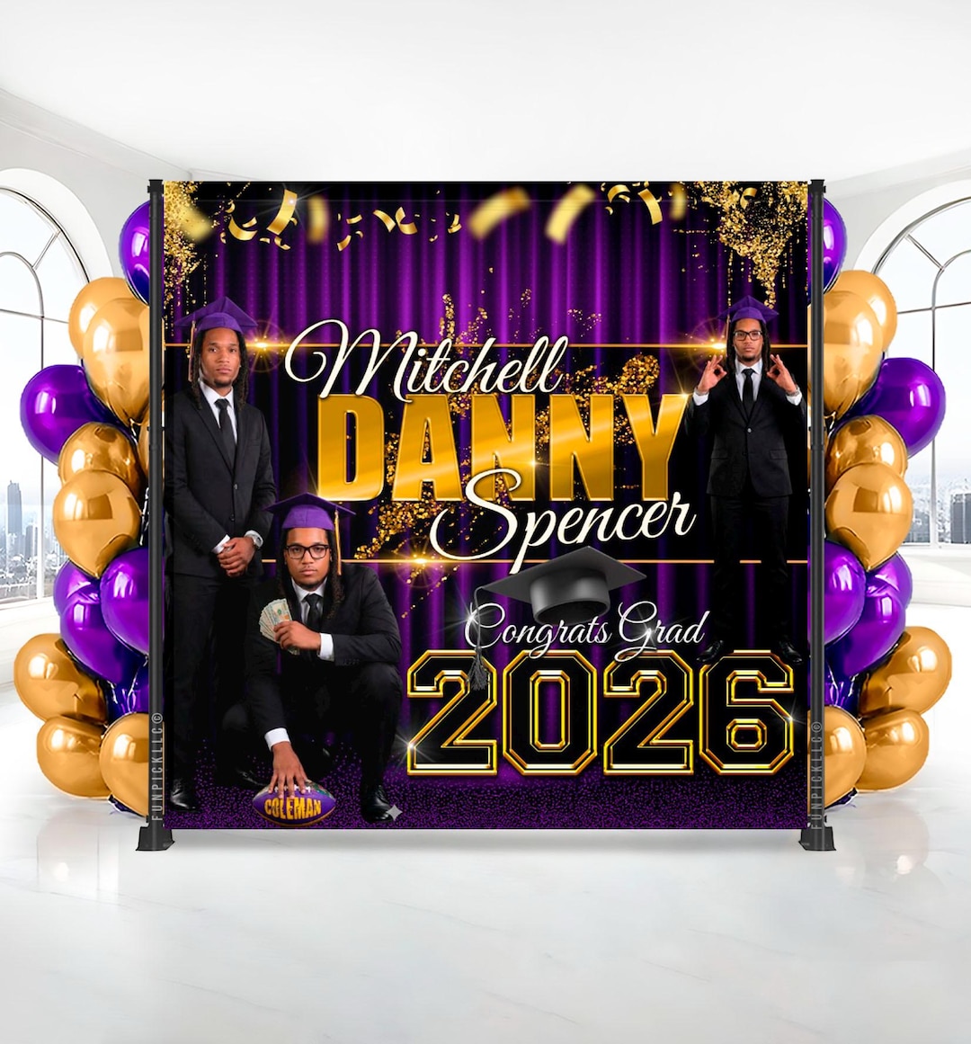 Vinyl Graduation Banner: Purple Gold Photo Class of 2026 Party Backdrop ...