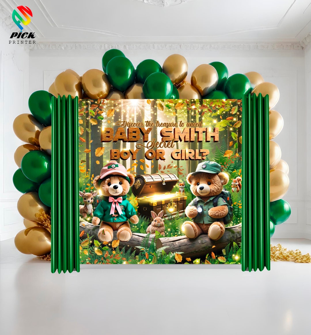 Forest Gender Reveal Backdrop, Teddy Bear Banner, Woodland Wall Decor ...