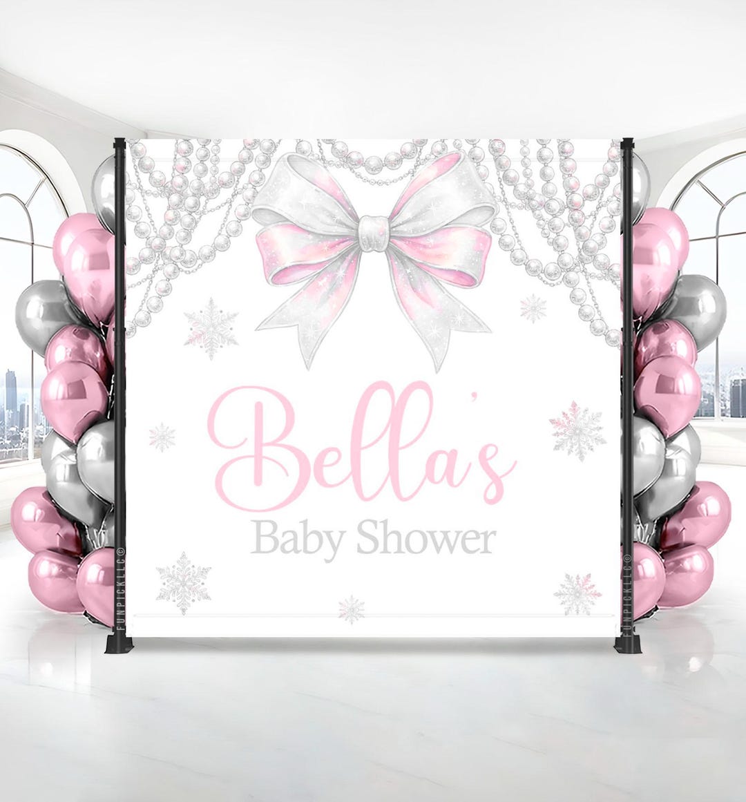 Vinyl Coquette Backdrop: Winter Pink Bow Pearl Baby Shower Banner, (we ...