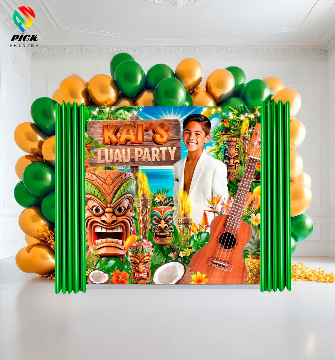 Hawaiian Tiki Backdrop, Beach Banner, Tropical Wall Decor, Ukulele ...