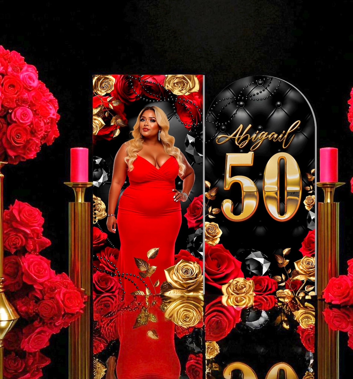 Red Roses Decal: Gold Arch Panel Sticker for Birthday Standee - ROS10 ...