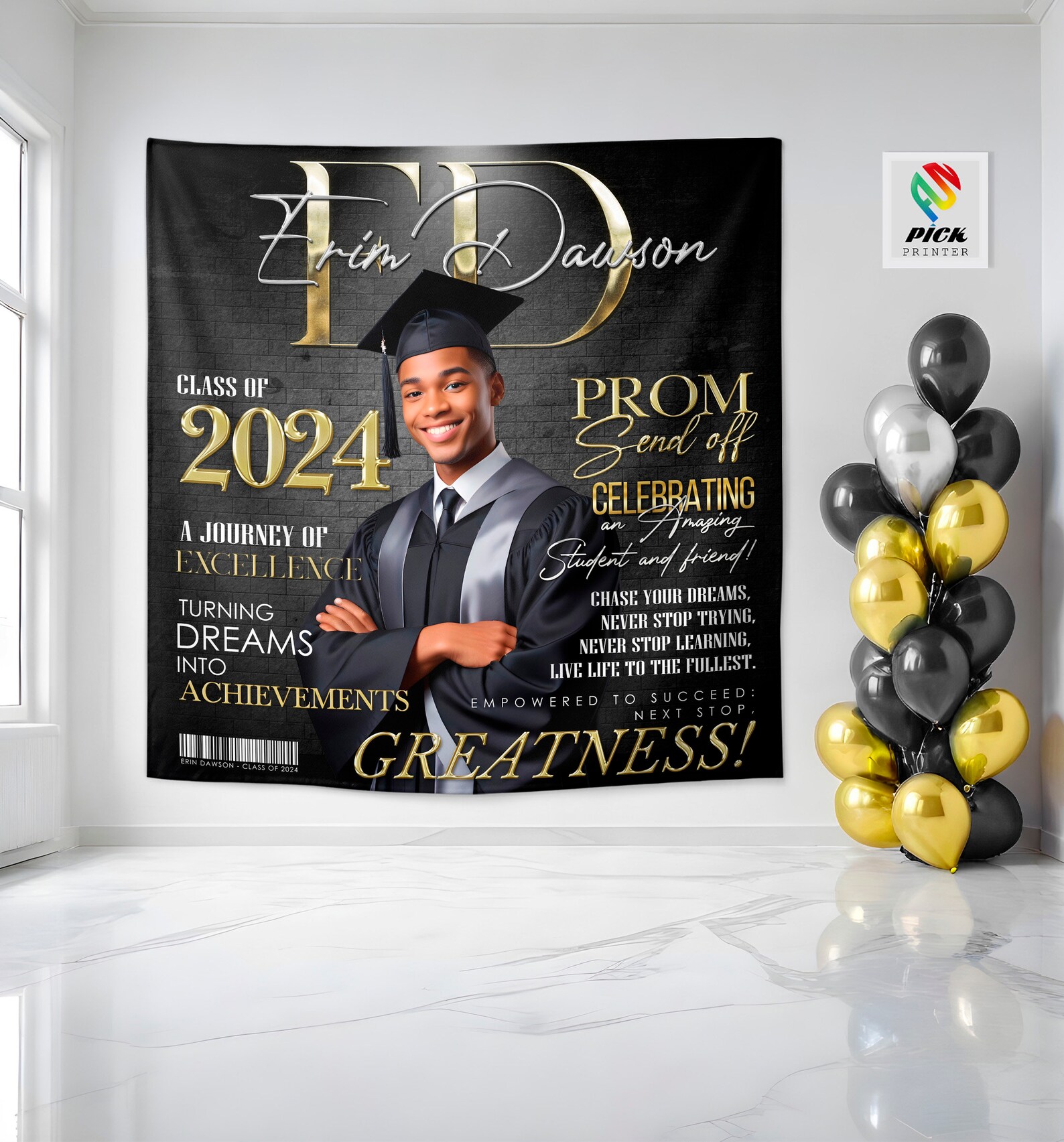 Black and Gold Graduation Backdrop Graduate Banner Prom Vinyl Banner ...