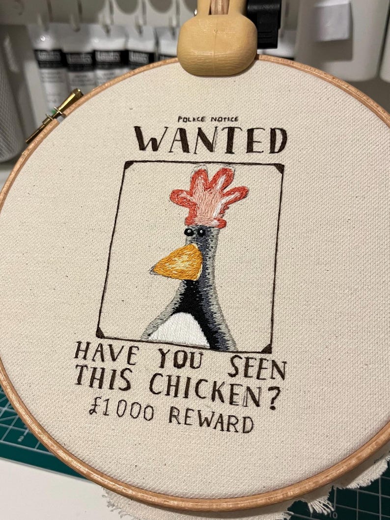 Feathers Mcgraw Wallace and Gromit Hand Embroidered Wanted Poster ...
