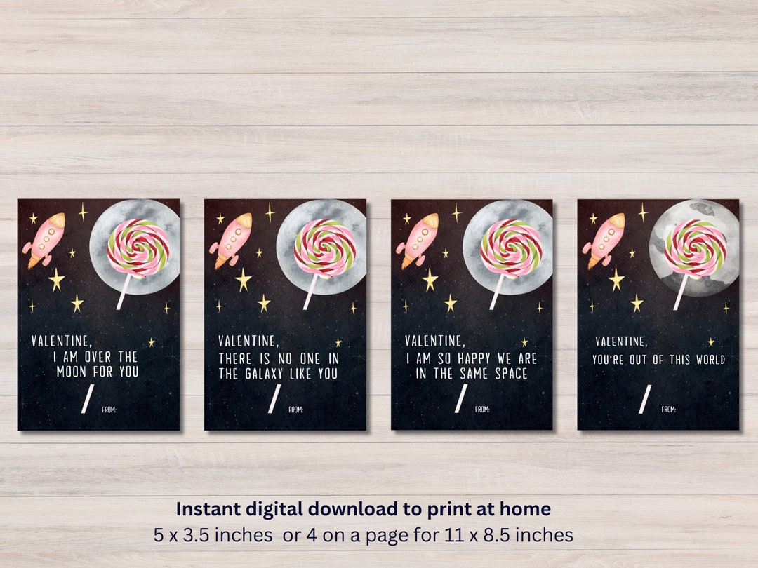 Space Lollipop Printable Kids Valentines Day Card, School Valentine's ...