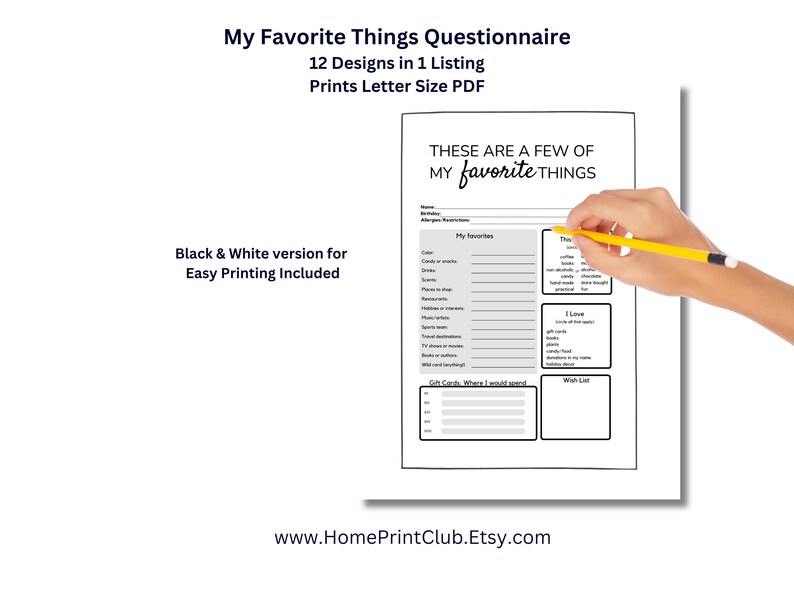My Favorite Things Gift Questionnaire, Favorite Things Survey, Gift ...