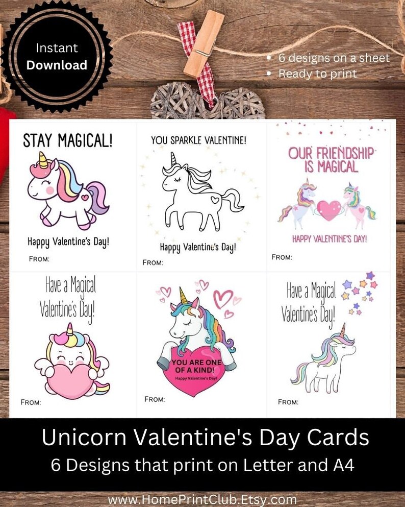 Unicorn Valentine's Day Printable Cards for Classroom, Kids Valentine's ...