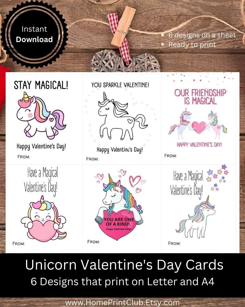 Unicorn Valentine's Day Printable Cards for Classroom, Kids Valentine's ...