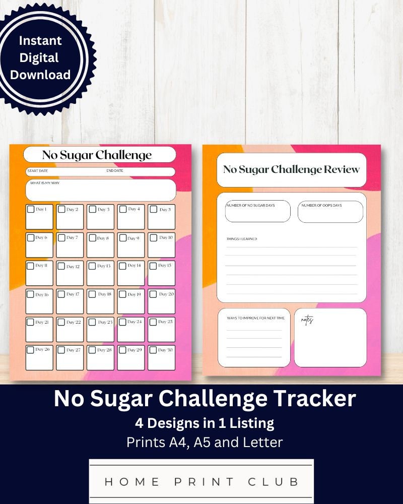 30 Day No Sugar Challenge Tracker and Review, Sugar Free Challenge ...