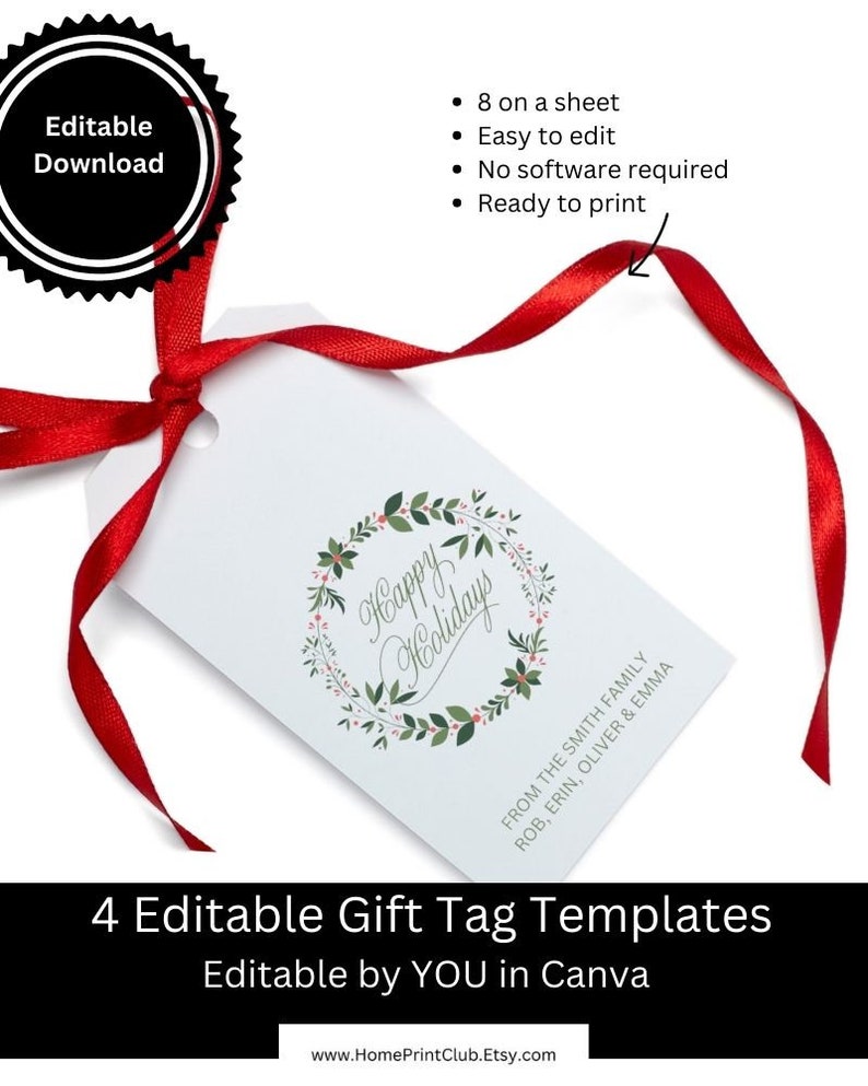 Editable Gift Tag Template, Custom Holiday Gift Tags Printable, Instant ...