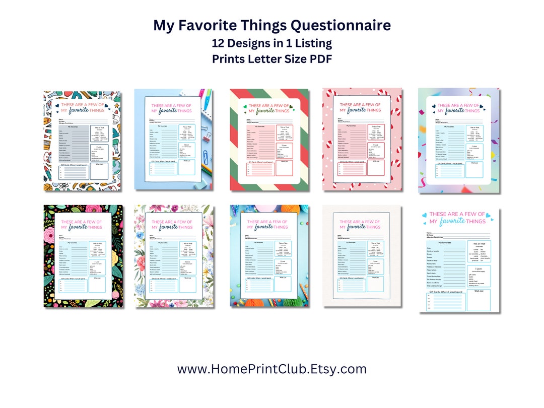 My Favorite Things Gift Questionnaire, Favorite Things Survey, Gift ...