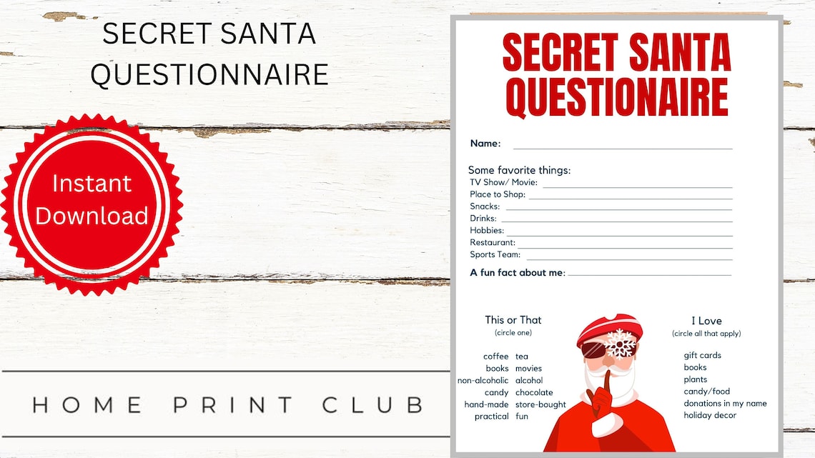Secret Santa Questionnaire, Printable Secret Santa Questions, Gift ...