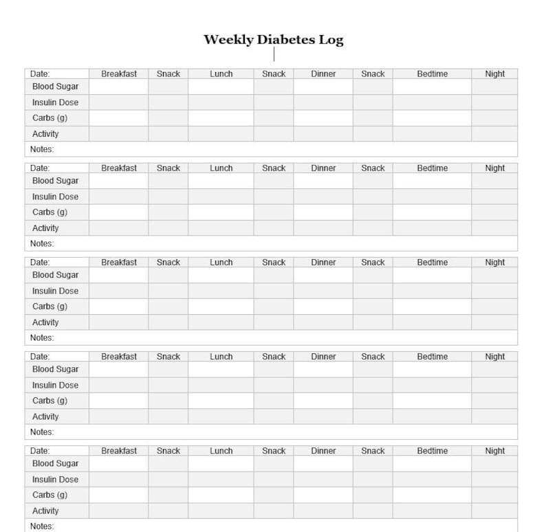 Printable Weekly Diabetes Record Notebook, Printable Blood Sugar ...