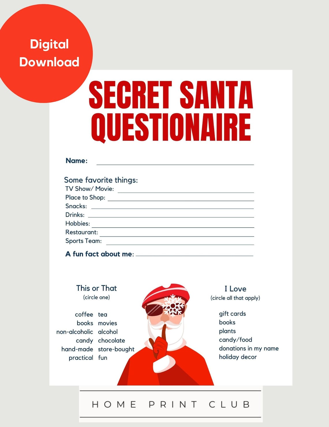 Secret Santa Questionnaire, Printable Secret Santa Questions, Gift ...
