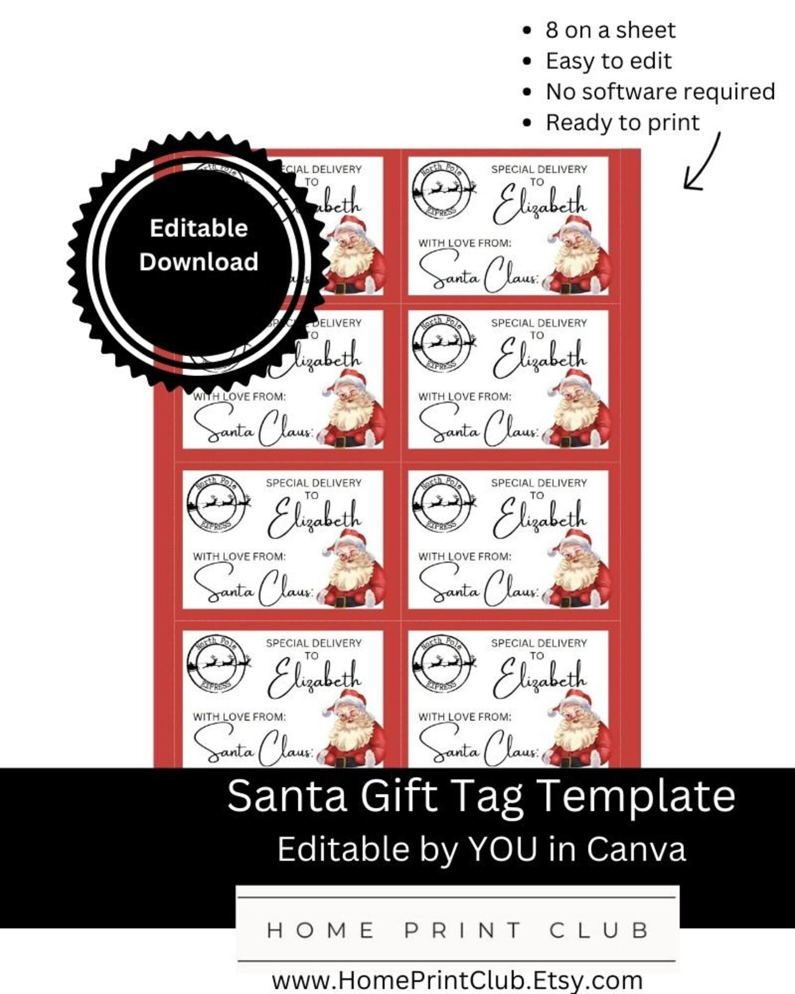 Editable Santa Gift Tag Template, Custom Santa Gift Tags Printable ...