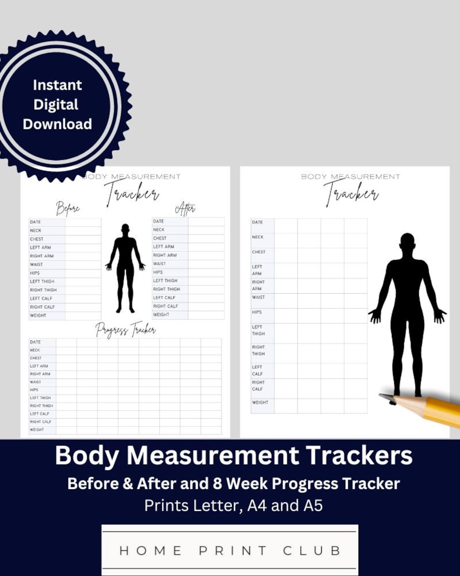 Body Measurement Tracker, Printable Body Measurement Chart, Male and ...