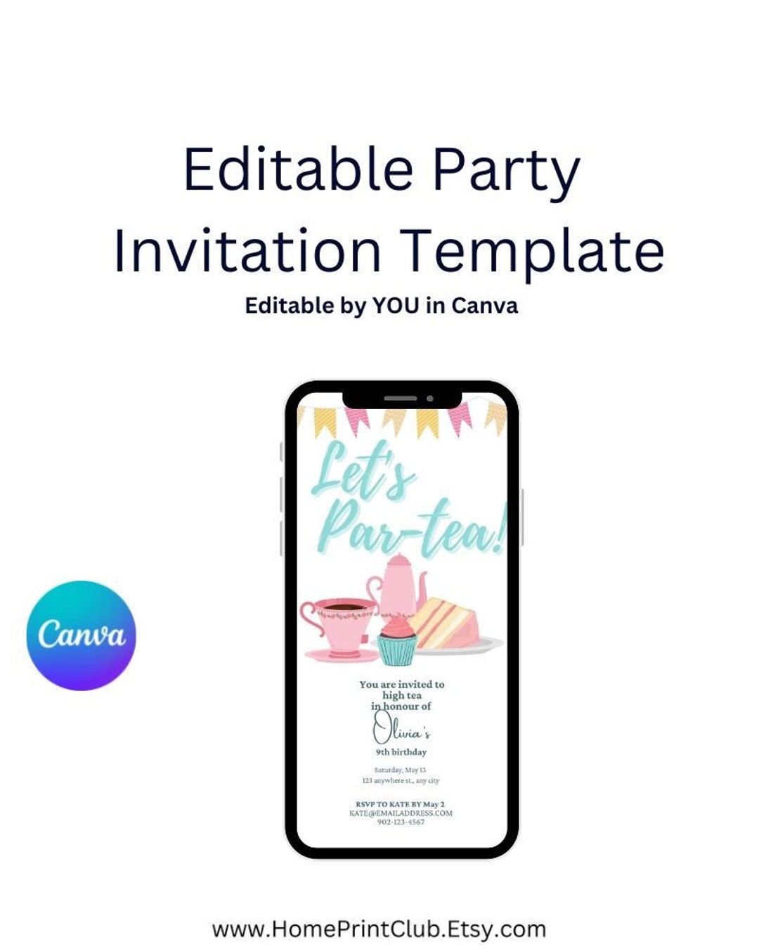 Tea Party Editable Invitation Template for Texting, Par-tea Invite ...