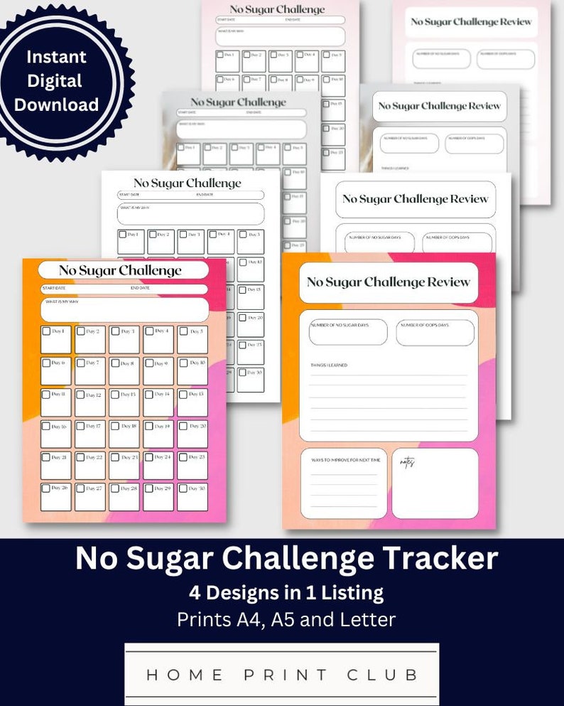30 Day No Sugar Challenge Tracker and Review, Sugar Free Challenge ...