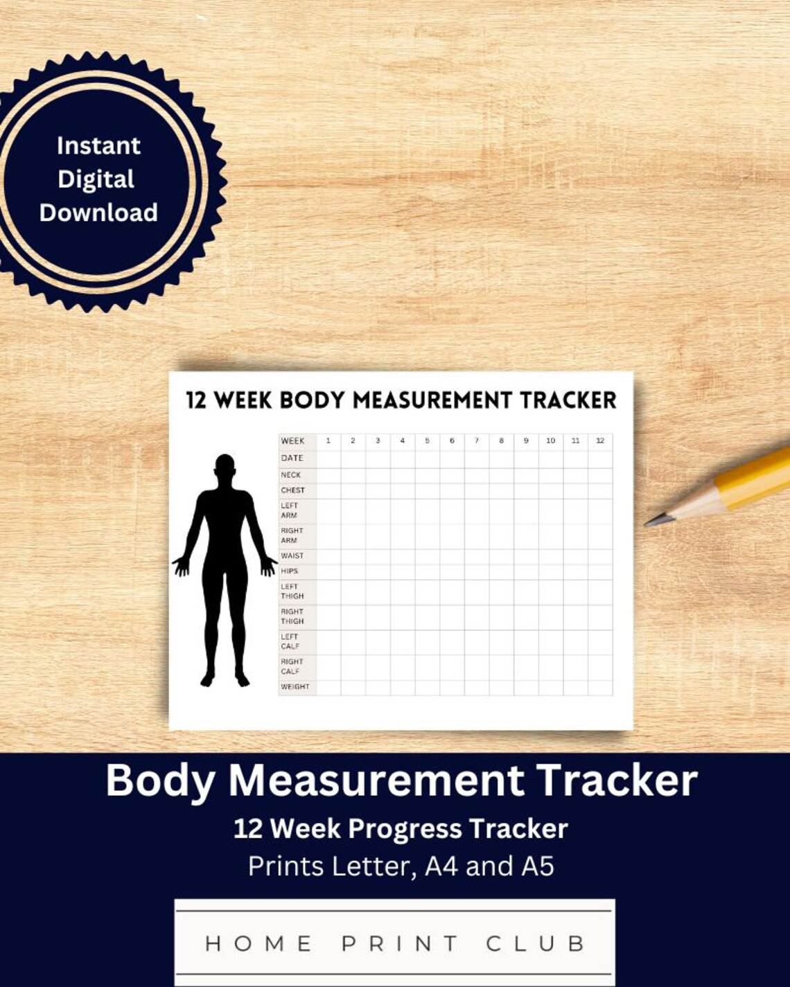 Body Measurement Tracker, Printable Body Measurement Chart, Male and ...