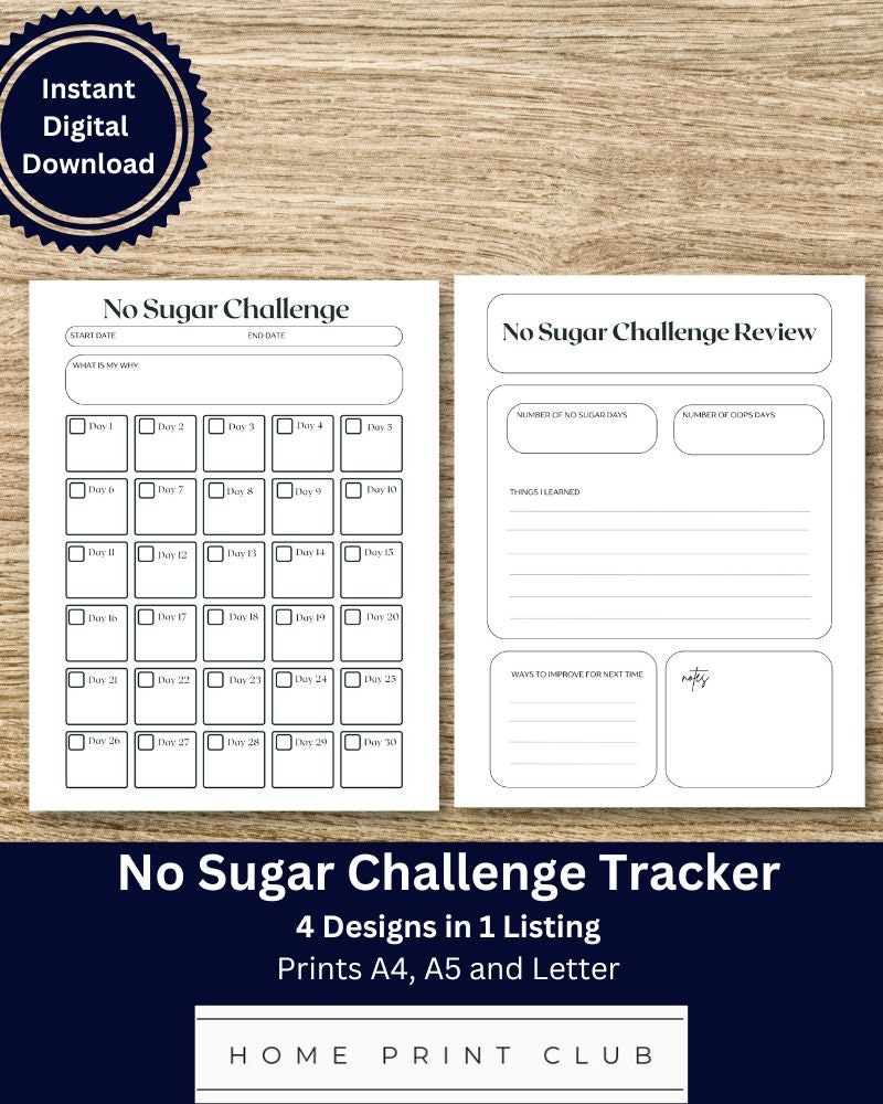 30 Day No Sugar Challenge Tracker and Review, Sugar Free Challenge ...