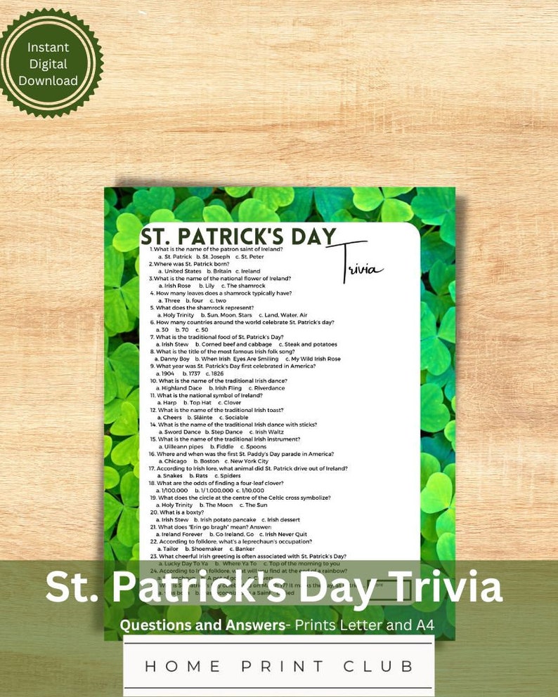 St. Patrick's Day Trivia Printable Game, St. Patty's Day Party Game ...