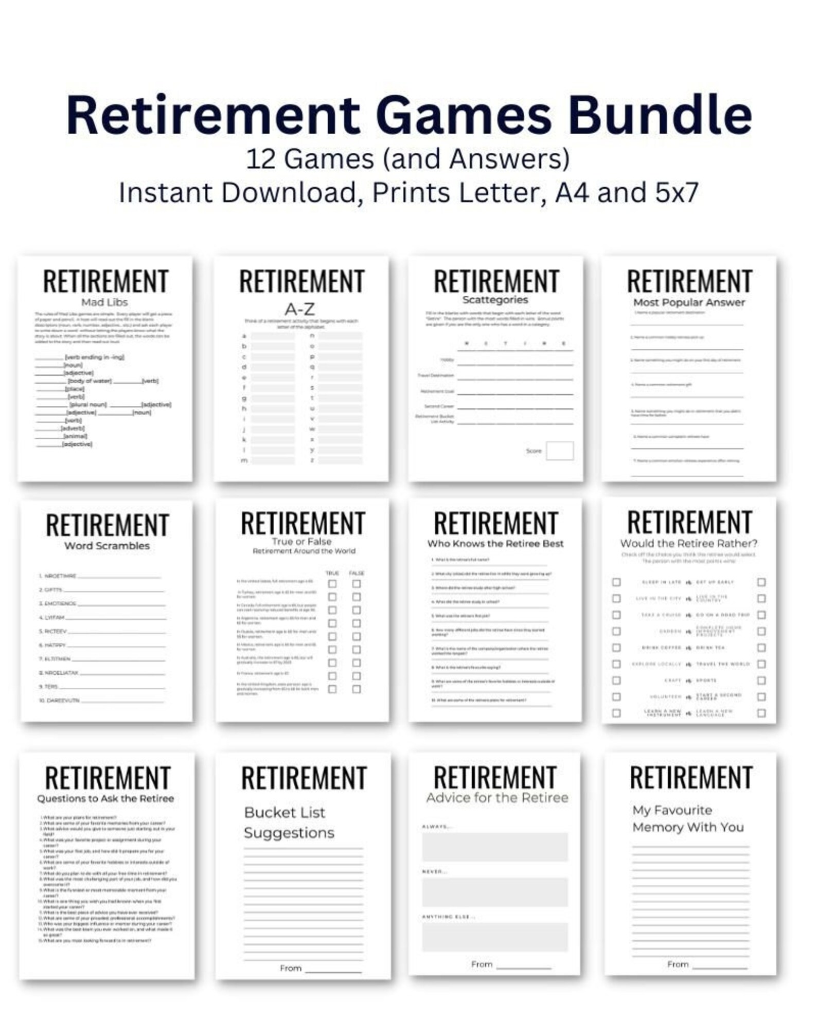 Retirement Party Games Retirement Party Printable Games - Etsy