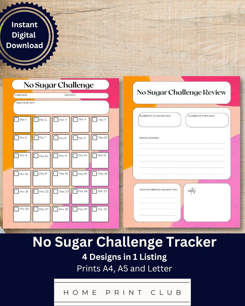 30 Day No Sugar Challenge Tracker and Review, Sugar Free Challenge ...