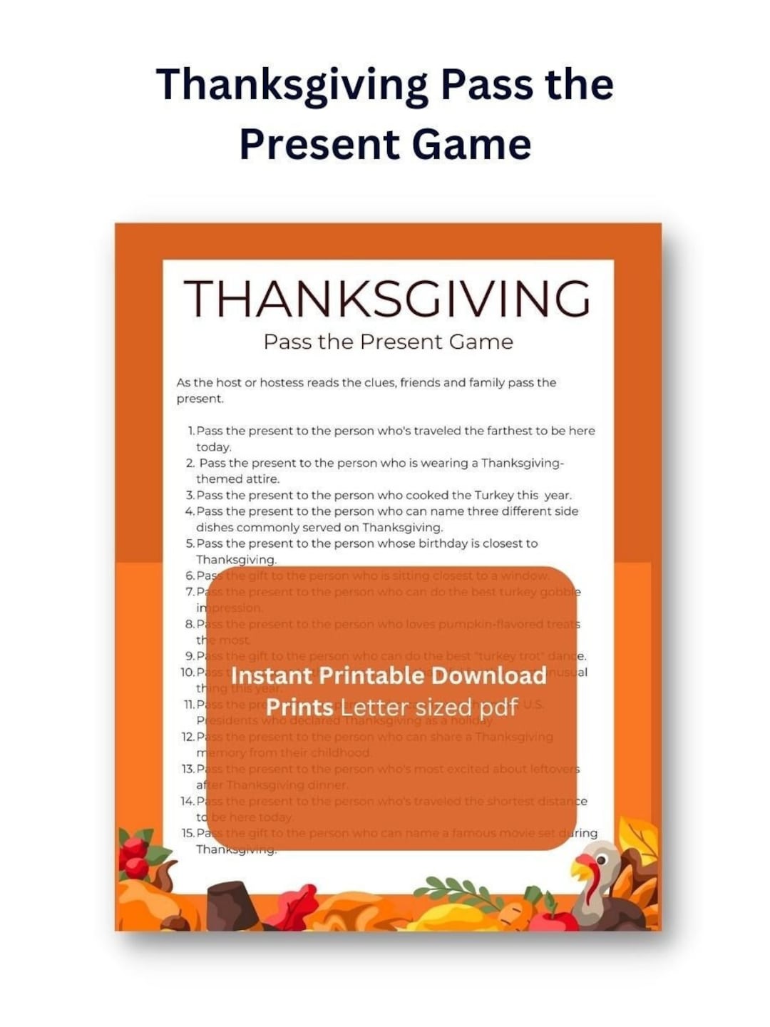Thanksgiving Pass the Present Game, Thanksgiving Party Printable Game ...