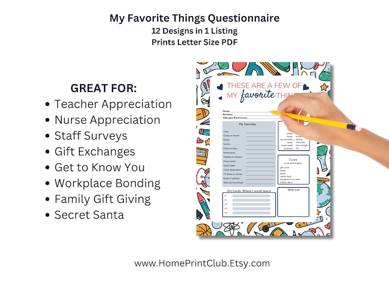 My Favorite Things Gift Questionnaire, Favorite Things Survey, Gift ...