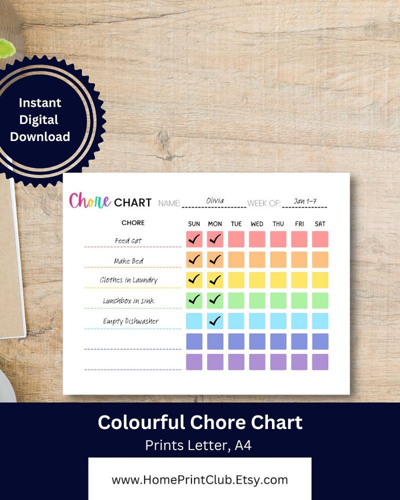 Colorful Weekly Family Chore Chart, Printable Kids Chore Chart, Chore ...