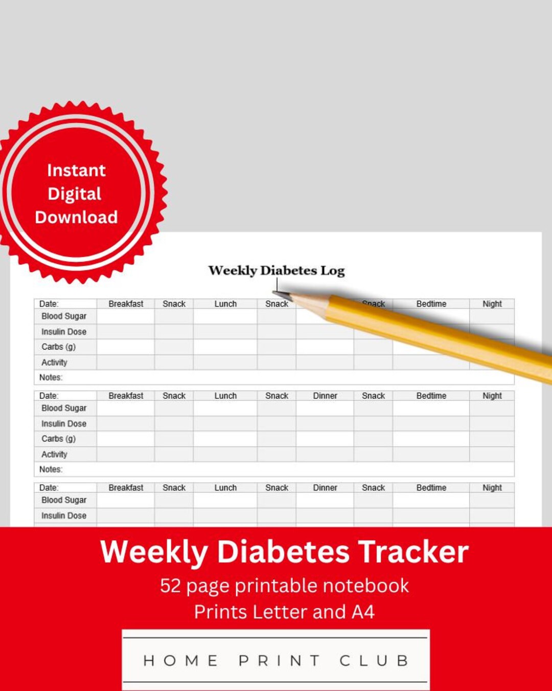 Printable Weekly Diabetes Record Notebook, Printable Blood Sugar ...