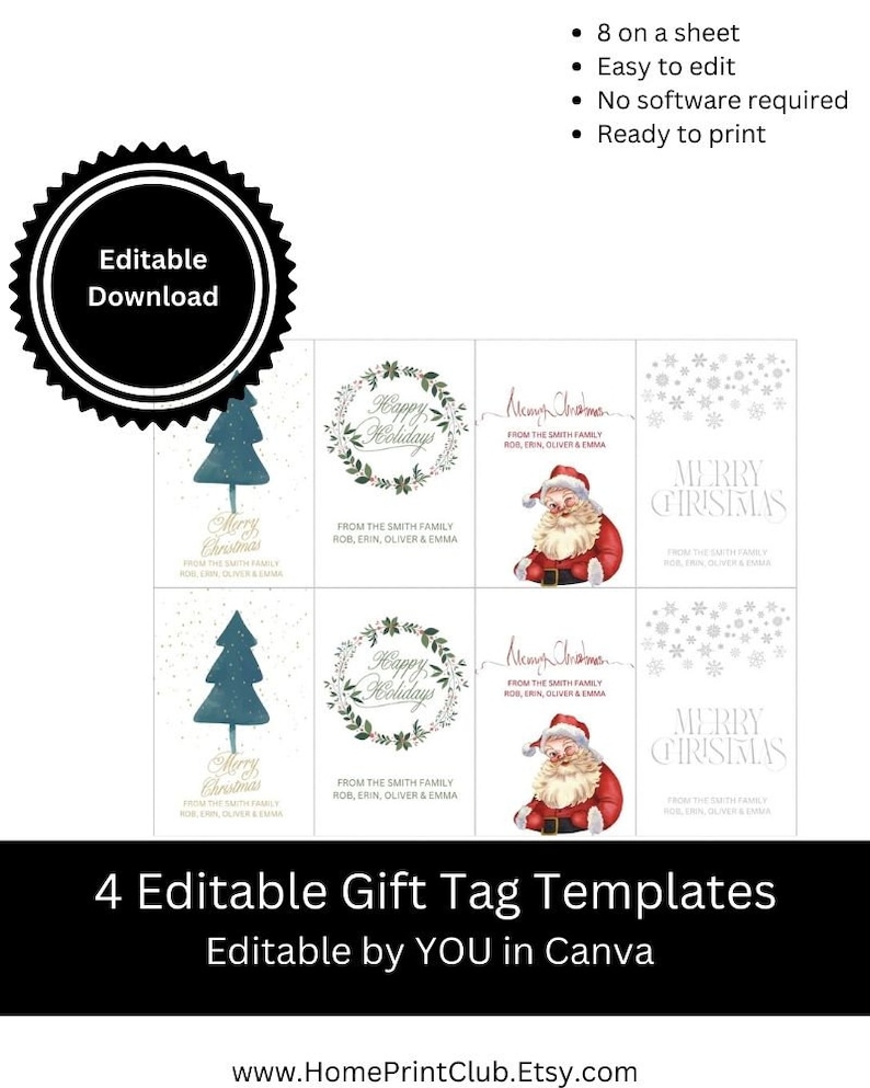 Editable Gift Tag Template, Custom Holiday Gift Tags Printable, Instant ...
