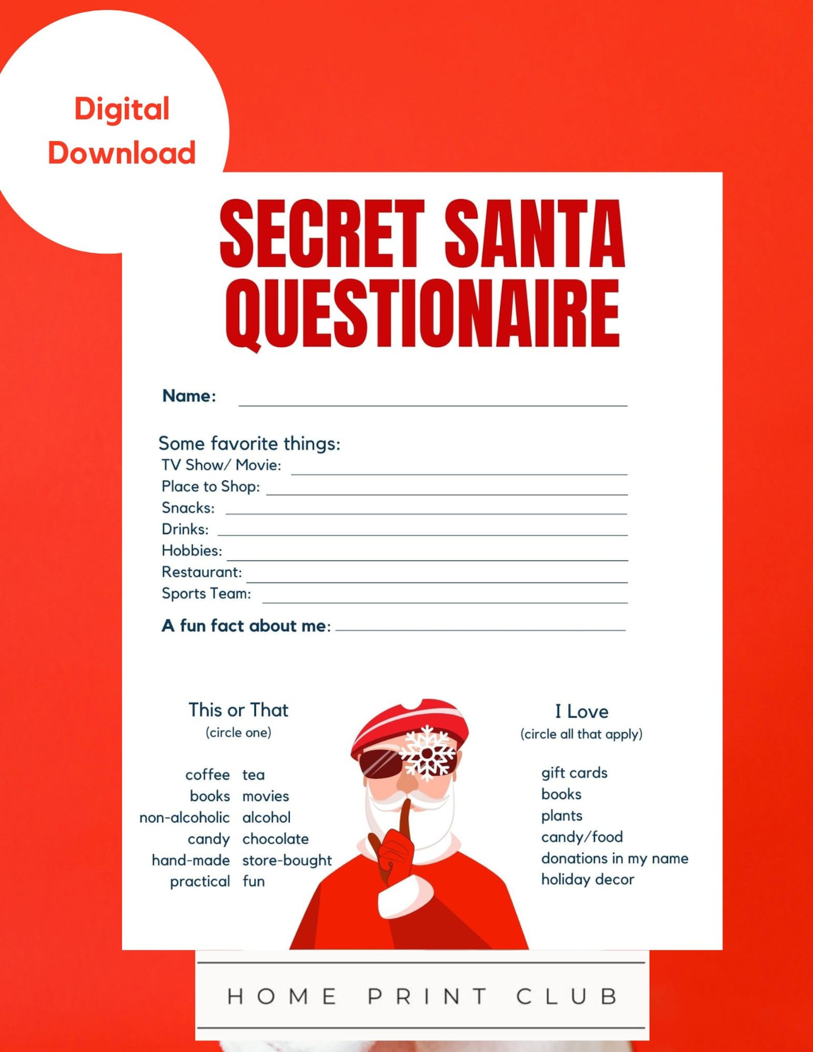 Secret Santa Questionnaire, Printable Secret Santa Questions, Gift ...