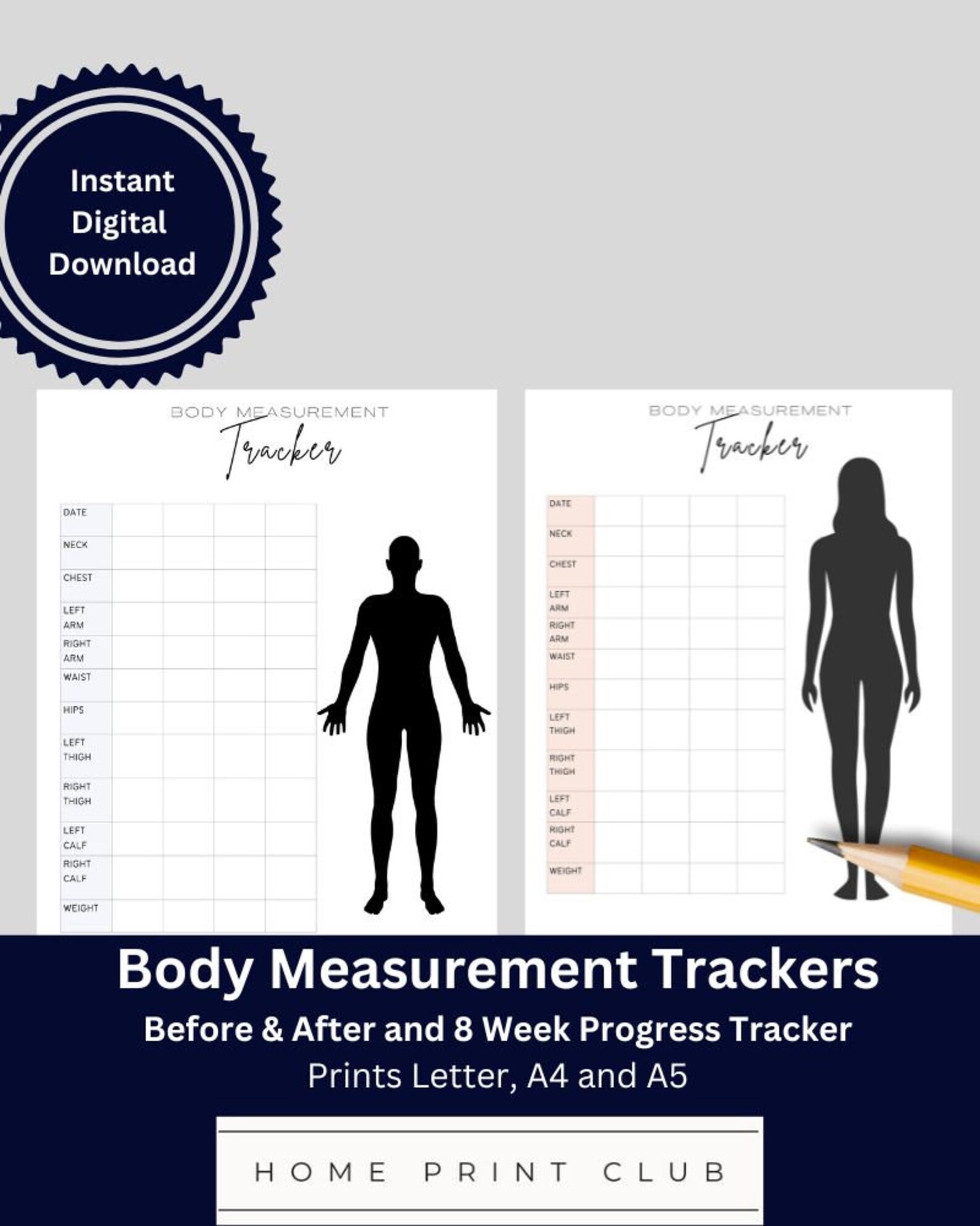 Body Measurement Tracker, Printable Body Measurement Chart, Male and ...